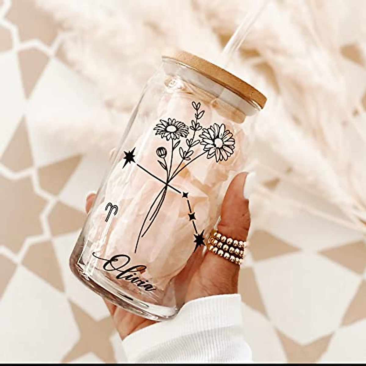 callie Personalized Name Zodiac and Birth Flower Can Tumbler Glass with Bamboo Lids 20oz for Gifts,Glass Can Cups for Iced Coffee, Soda, Bubble, Juicing, Smoothies, Milk.