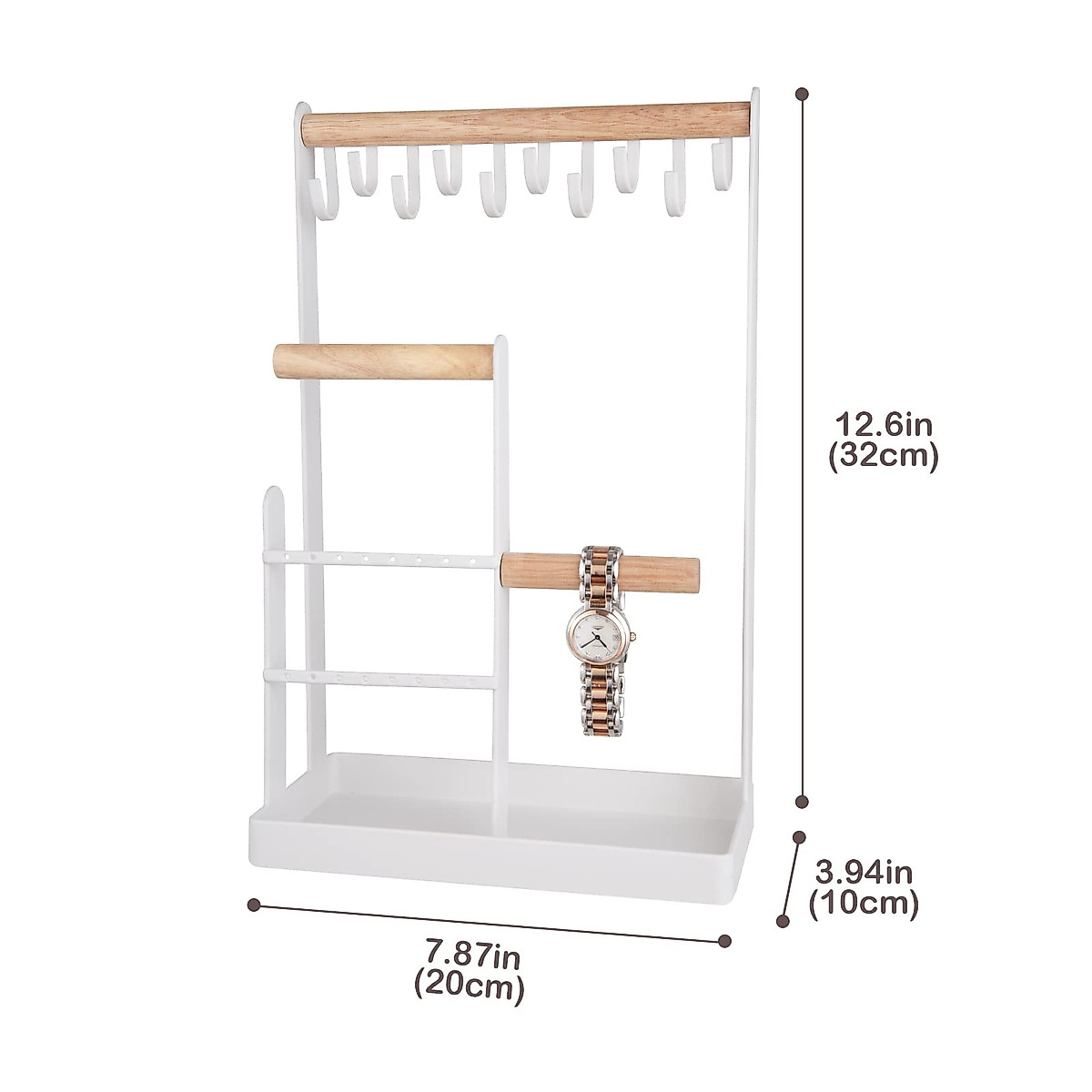 ProCase Jewelry Organizer Stand Necklace Holder, 4-Tier Jewelry Tower Rack with Earring Tray and Holes, 10 Hooks Necklaces Hanging Storage Tree Display for Bracelets Watches Earrings Rings -White