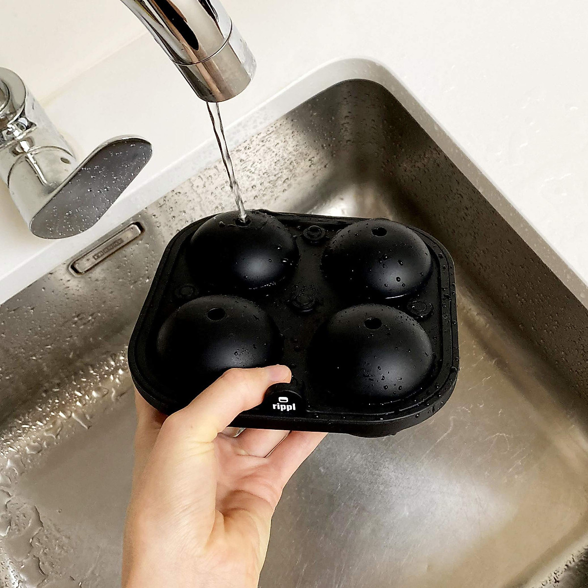 Rippl Ice Sphere Tray - Silicone Ice Tray with 4 Cavity Sphere Ice Cube Mold - Will Make Big Ice Spheres For Whiskey - In Black