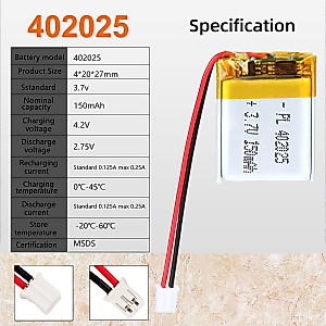 YDL 3.7V 402025 150mAh Lipo battery Rechargeable Lithium Polymer ion Battery Pack with PH2.0mm JST Connector