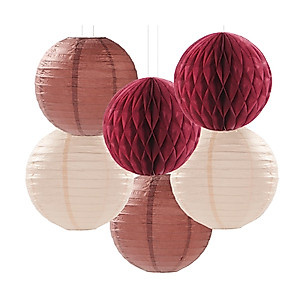 Brown Burgundy Champagne Boho Party-Decorations - 14pcs Rustic Wedding Paper Lanterns Fan,Tissue Pom Poms Streamers,Honeycomb,Fall Autumn Birthday Baby Bridal Shower Engagement Decor Lasting Surprise