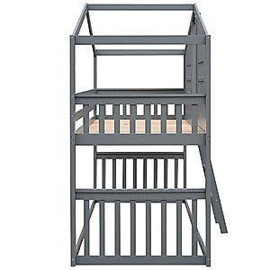 Harper & Bright Designs House Bunk Beds, Twin Over Twin Bunk Bed with Roof, Ladder and Windows, Floor Bunk Bed, Low Bunk Loft Bed for Kids Teens Boys & Girls, Gray