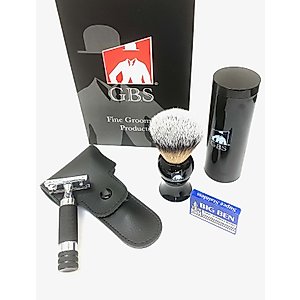 G.B.S Black Travel Shaving Brush, 4 Piece Travel Double Edge Safety Razor, and Leather Razor Case, Daily Beard Care, 10 pack of blades Snap Lock Prevent Razor Bumps