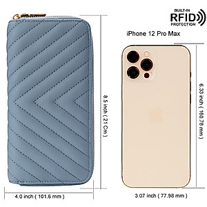 B BRENTANO Vegan Leather Double Zipper Pocket Wallet with Grip Hand Strap (Chevron Embroidered Blue)