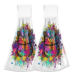 Rainbow Colored Butterfly Kitchen Hanging Hand Towels,Summer Natural Absorbent Coral Tie Towel with Loop 2 PCS Kitchen Linen Sets for Bathroom Restroom Home Decor