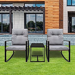 YIYAN 3 Piece Bistro Set Outdoor Patio Rocking Wicker Chairs with Washable Cushion and Coffee Table (Gray)