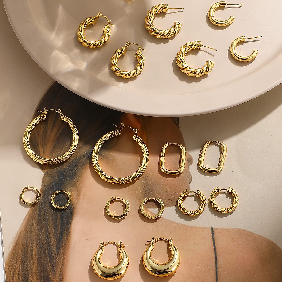 9 Pairs Hoop Earrings for Women, Lightweight Chunky Twisted Hoop Earrings Set for Gift