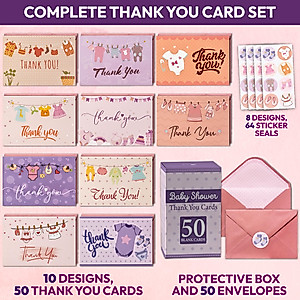 Only Zest Baby Shower Thank You Cards Bulk with Envelopes and Stickers- 50 Pack 4x6 Blank Thank You Notes, Cute Baby Girl Thank You Cards for Birthday, Baptism, Baby Announcement