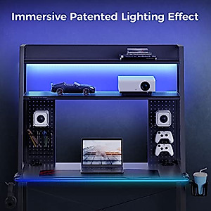 EUREKA ERGONOMIC LED Gaming Desk with Shelves, Dual Pegboards, 43'' Computer PC Desk with Hutch Storage, Gaming Table Ladder Desk with Mouse Pad, Cup & Headphone Holder, Teens Study, Small Space