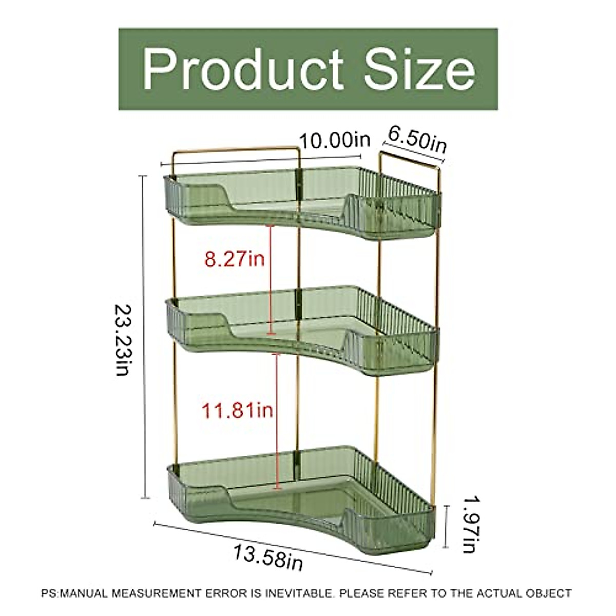 Corner Bathroom Countertop Organizer, Vanity Trays for Bathroom Counter, Makeup Organizer, Perfume Tray, Kitchen Spice Rack, Fits 90 Corner(Green, 3 Tiers)