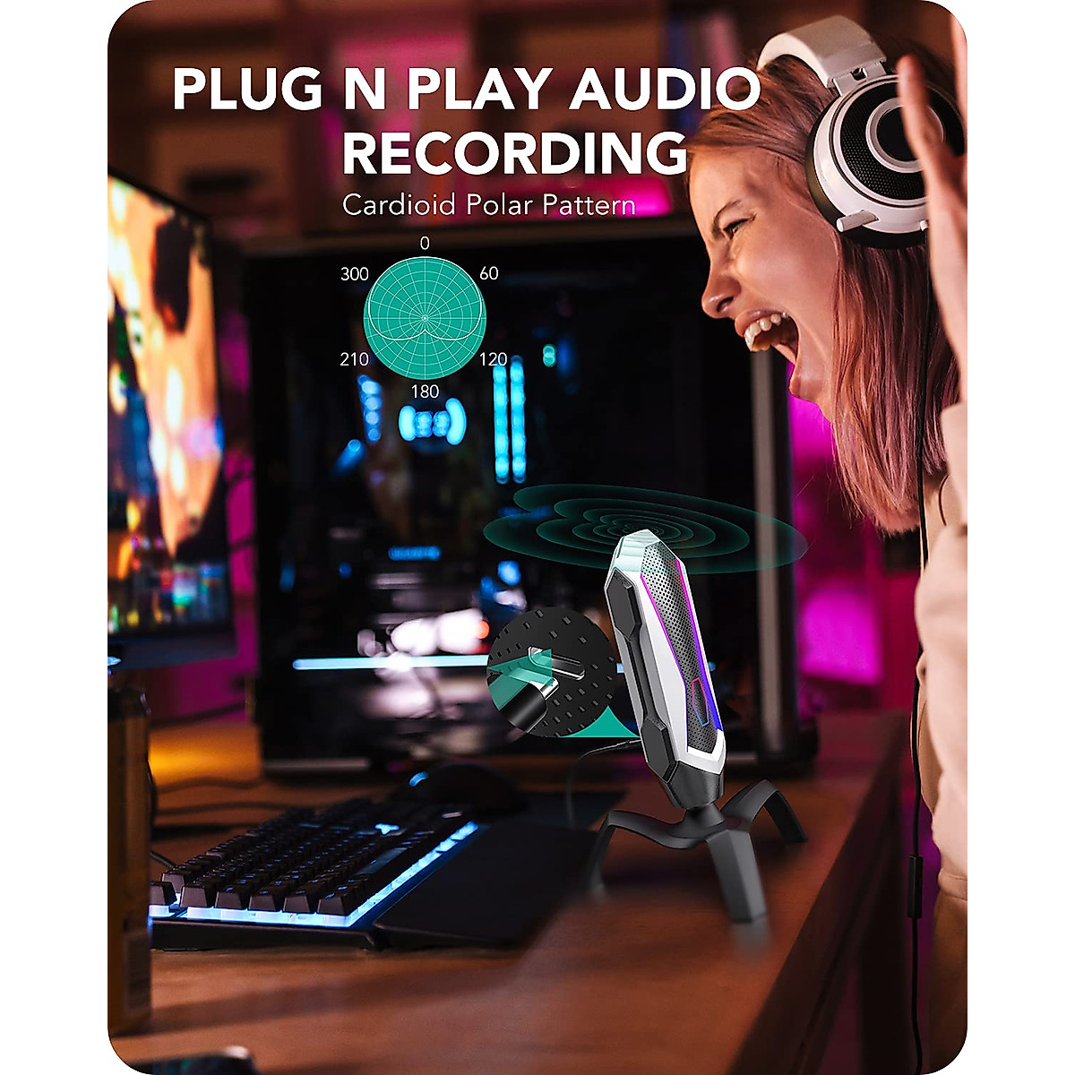 PoP voice USB Microphone, Condenser Gaming Mic for PC, PS4 and Mac, with Tap-to-Mute Sensor and Tripod Stand, Best for Games, Streaming, Podcasts, Twitch, YouTube, Discord, OBS, TeamSpeak