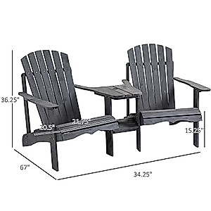 Outsunny Fire Pit Seating, 2 Wooden Adirondack Chairs with Outdoor Table & Umbrella Hole, Wood 2 Person Double Adirondack Bench, Gray