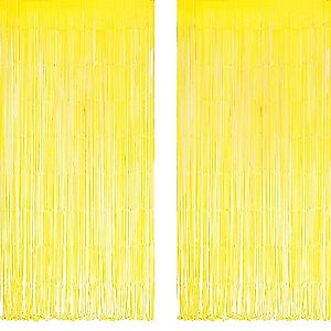 Yellow Streamers Party Backdrop - GREATRIL Foil Fringe for Sunflower/Bee/Pineapple/Lemon/Truck/Race Birthday Party Decoration - 3.2ft X 8.2ft - 2 Packs