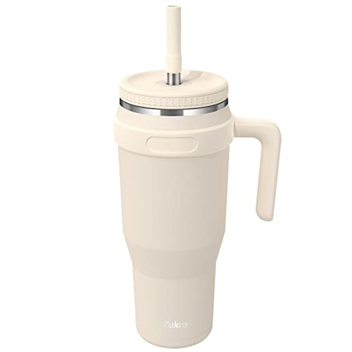 Zukro 50 oz Mug Tumbler with Handle and Screw on Lid, Vacuum Insulated Stainless Steel Tumbler with Straw Lid, Leakproof Straw Cup, Keeps Drinks Cold 30 Hours, Fit in Cup Holder - Beige