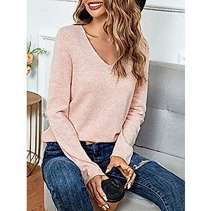Berthmeer Women's Wool V Neck Wool Sweater Long Sleeve Pullover Loose Jumper Winter Knitwear Peach Pink