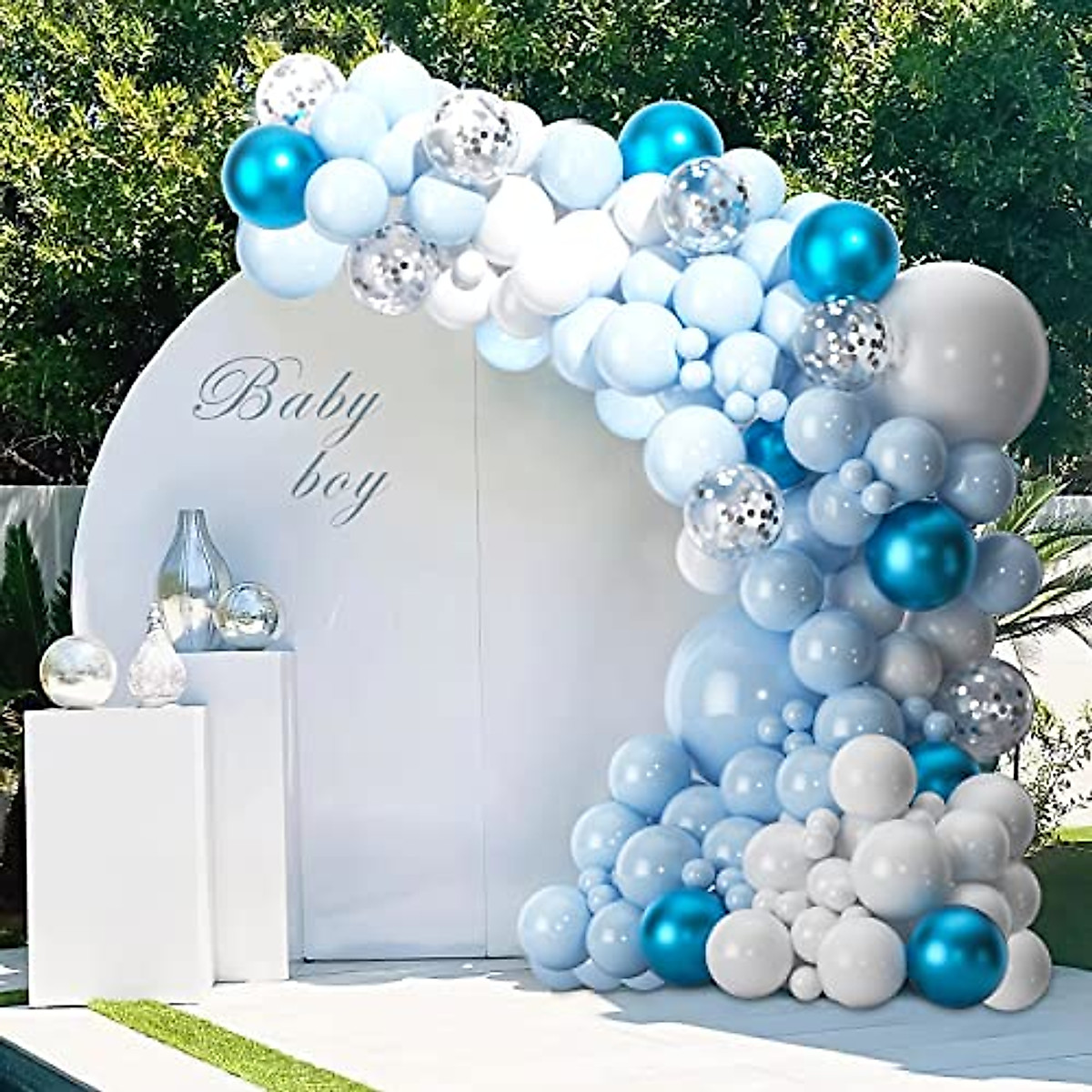 Blue Balloons Garland Arch Kit, 136pcs Metallic Blue White Silver Confetti Balloons Baby Blue Balloon Arch Kit for Boy Baby Shower Birthday Wedding Frozen Party Decorations
