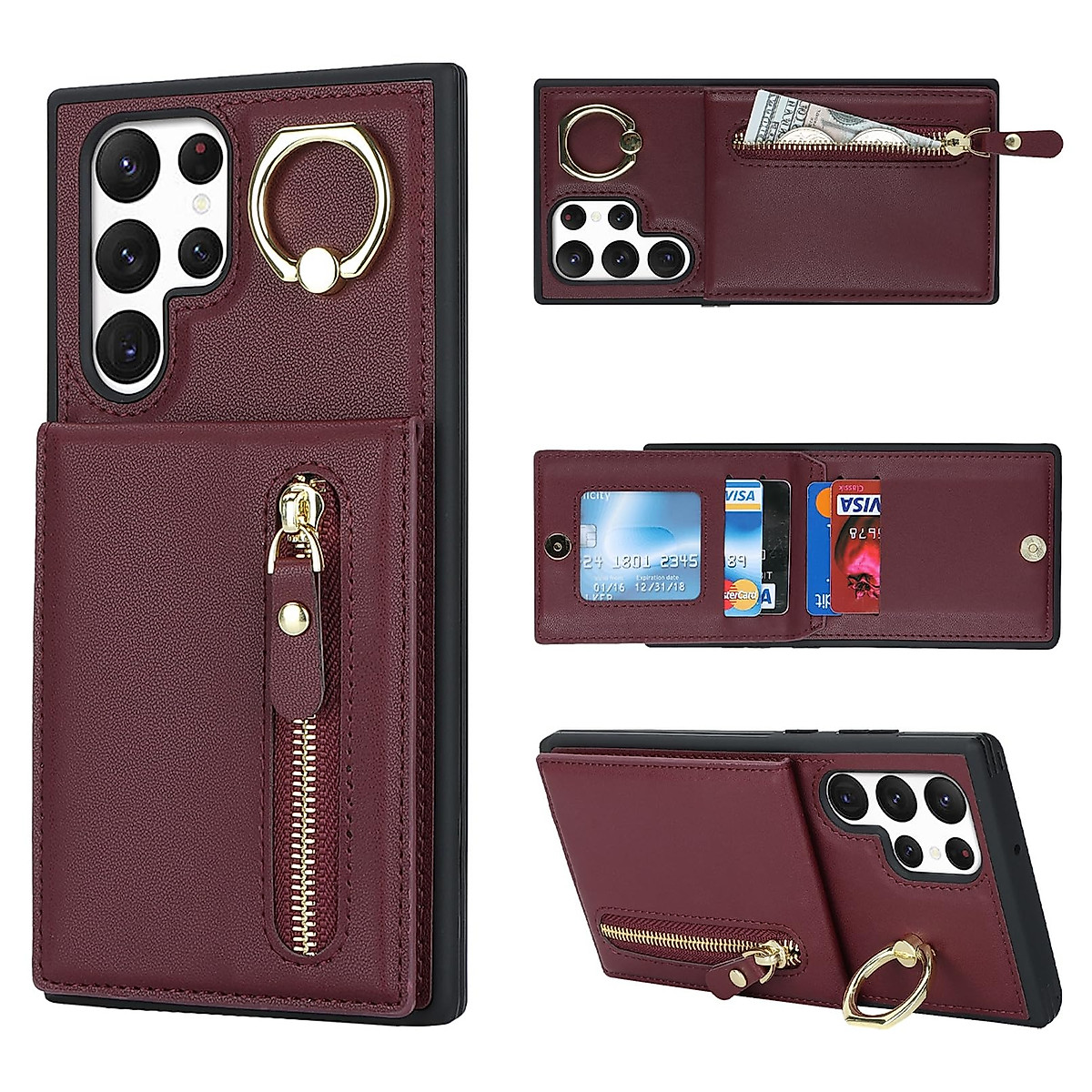 Jaorty for Samsung Galaxy S22 Ultra 5G Phone Case for Women with Card Holder,Galaxy S22 Ultra Case Wallet Crossbody Lanyard with Strap,Credit Card Slots Kickstand Case with Ring Holder,6.8",Burgundy