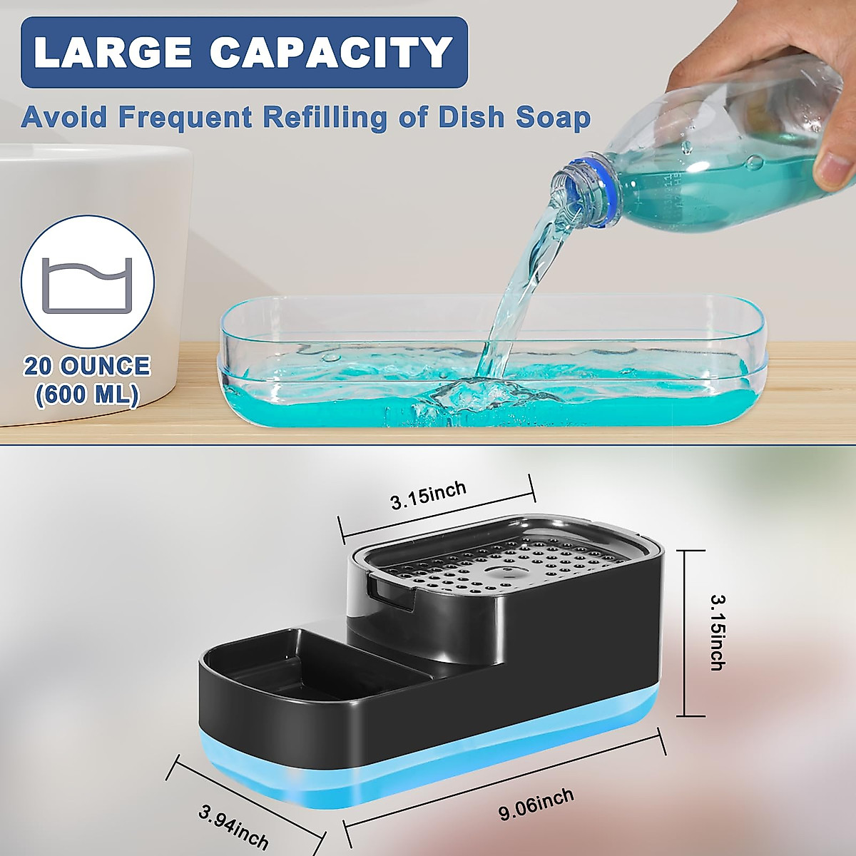 Obsoorth 20 Ounces Dish Soap Dispenser for Kitchen Sink with Sponge Holder 3 in 1 Easy Refill Dishwashing Caddy Liquid Detergent Pump Organizer on Bathroom Counter, Black