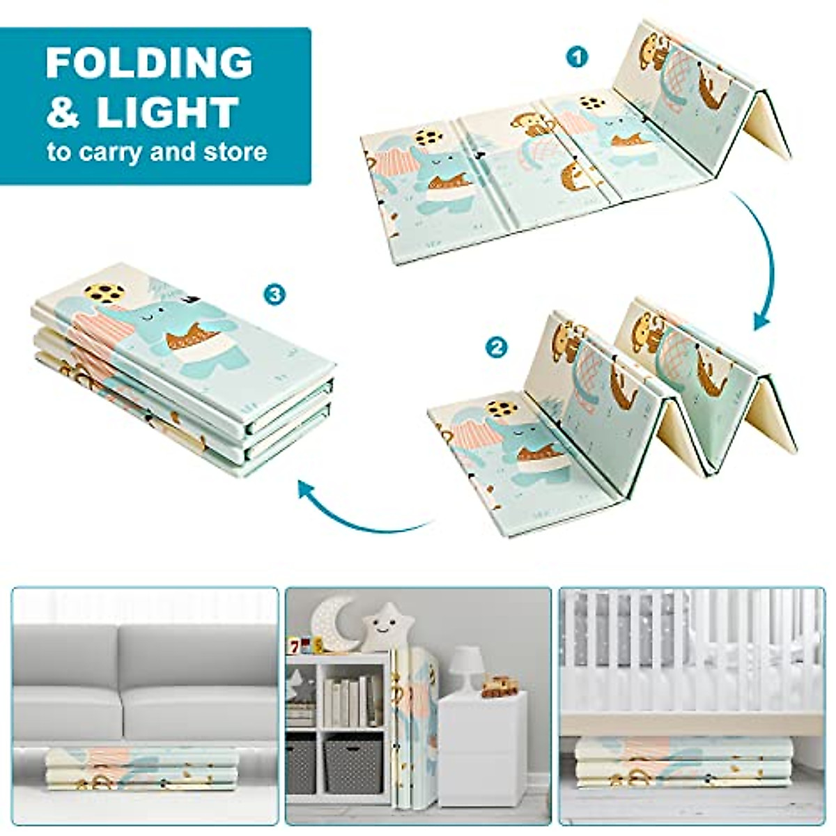 ZHUOKECE Baby Play Mat,Thickened 0.8 inches Foldable Floor Mats for Kids, Extra Large Waterproof Activity Crawling Playmats,Multifunctional Mat with Travel Bag(71" x 79"） (Blue Elephant)