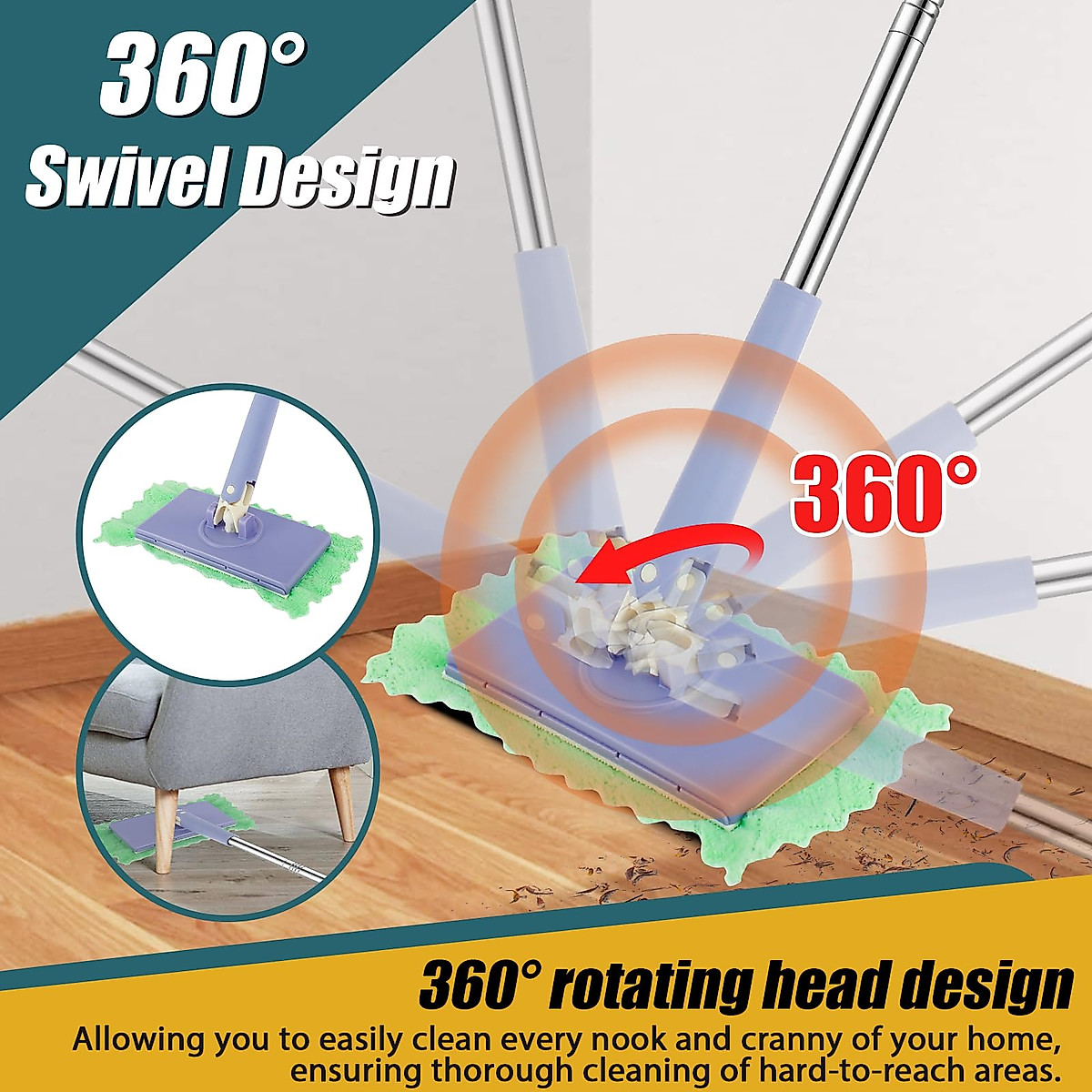 360°Rotating Microfiber Dust Mop Auto Cloth Changing Mini Mop with Face Towels Multifunctional Flat Floor Mop for Kitchen Home