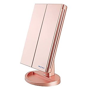 WEILY Makeup Mirror with 21 LED Lights,Two Power Supply, Touch Screen and 1x/2x/3x Magnification Tri-Fold Vanity Mirror, Gift for Women（Rose Gold）