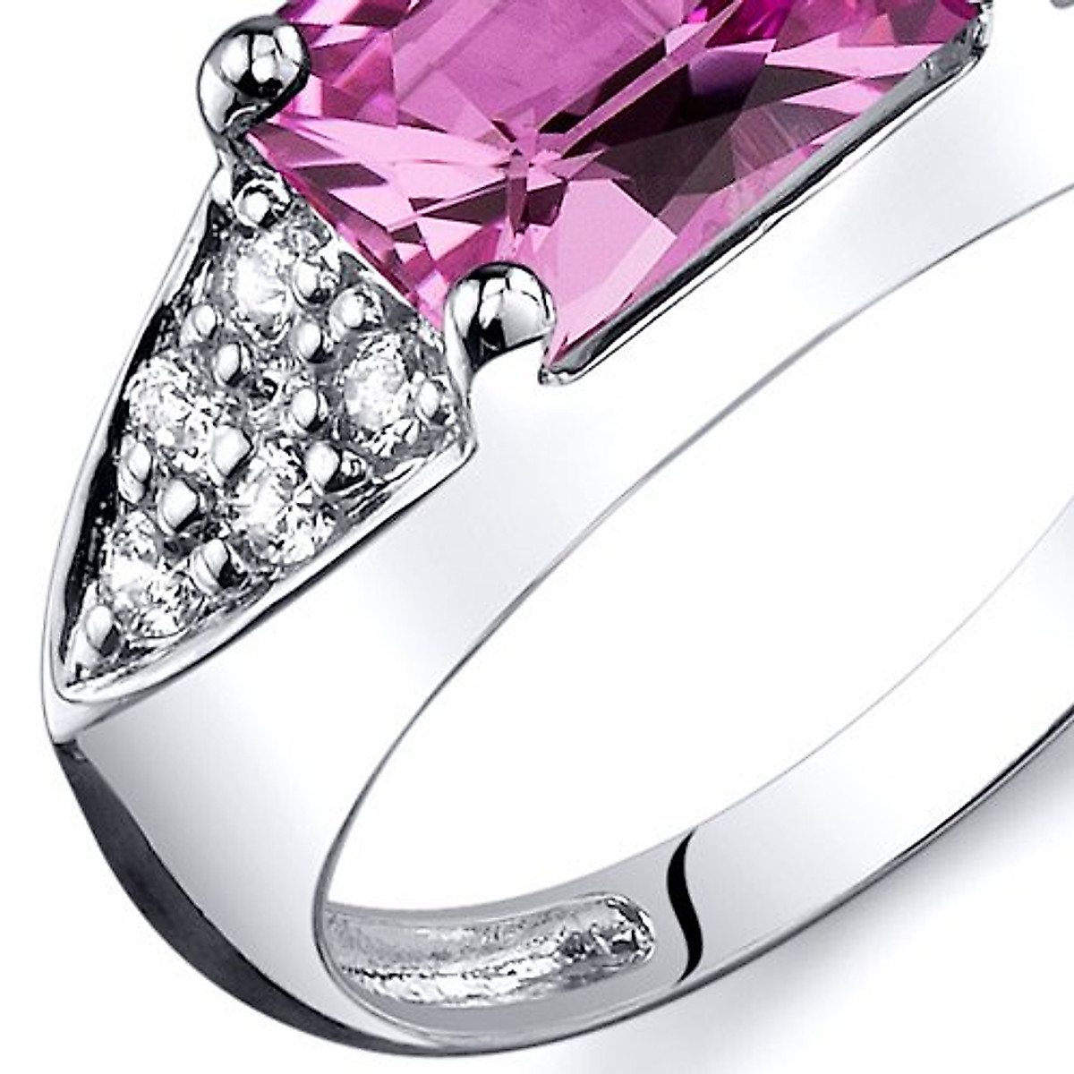 PEORA Created Pink Sapphire Statement Ring in Sterling Silver, Elegant Linear Design, Radiant Cut, 8x6mm, 2 Carats total, Comfort Fit, Size 9