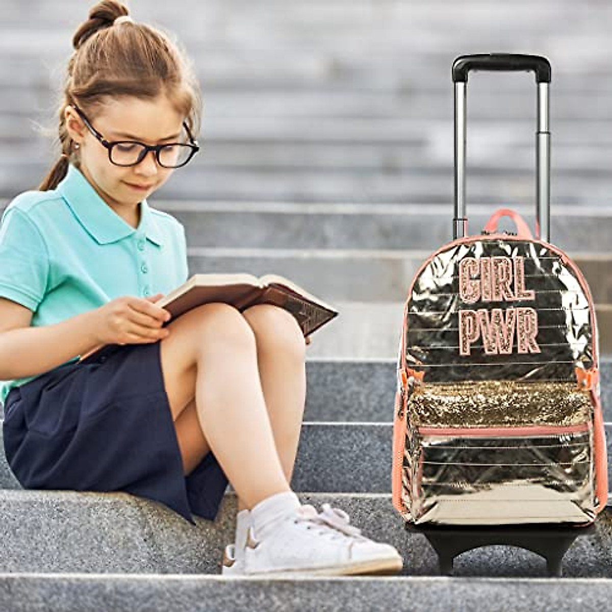 Cawndilla 3Pcs Rolling Backpack for Kids with Lunch Bag Pencil Case, 16" Lightweight Waterproof Roller School Bag Sets for Girls Boys, Backpack with Wheels for School, Travel, 4+ Years, Star