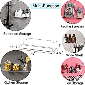 Sooyee Acrylic Shelves,6 Pack 15 Inch Floating Wall Mounted Shelves, Funko Pop Display Case,Invisible Kids Book Shelf,Picture Ledge Shelf Decor Accents,5MM Thick Bathroom Shelves,4.77" Wide,Clear