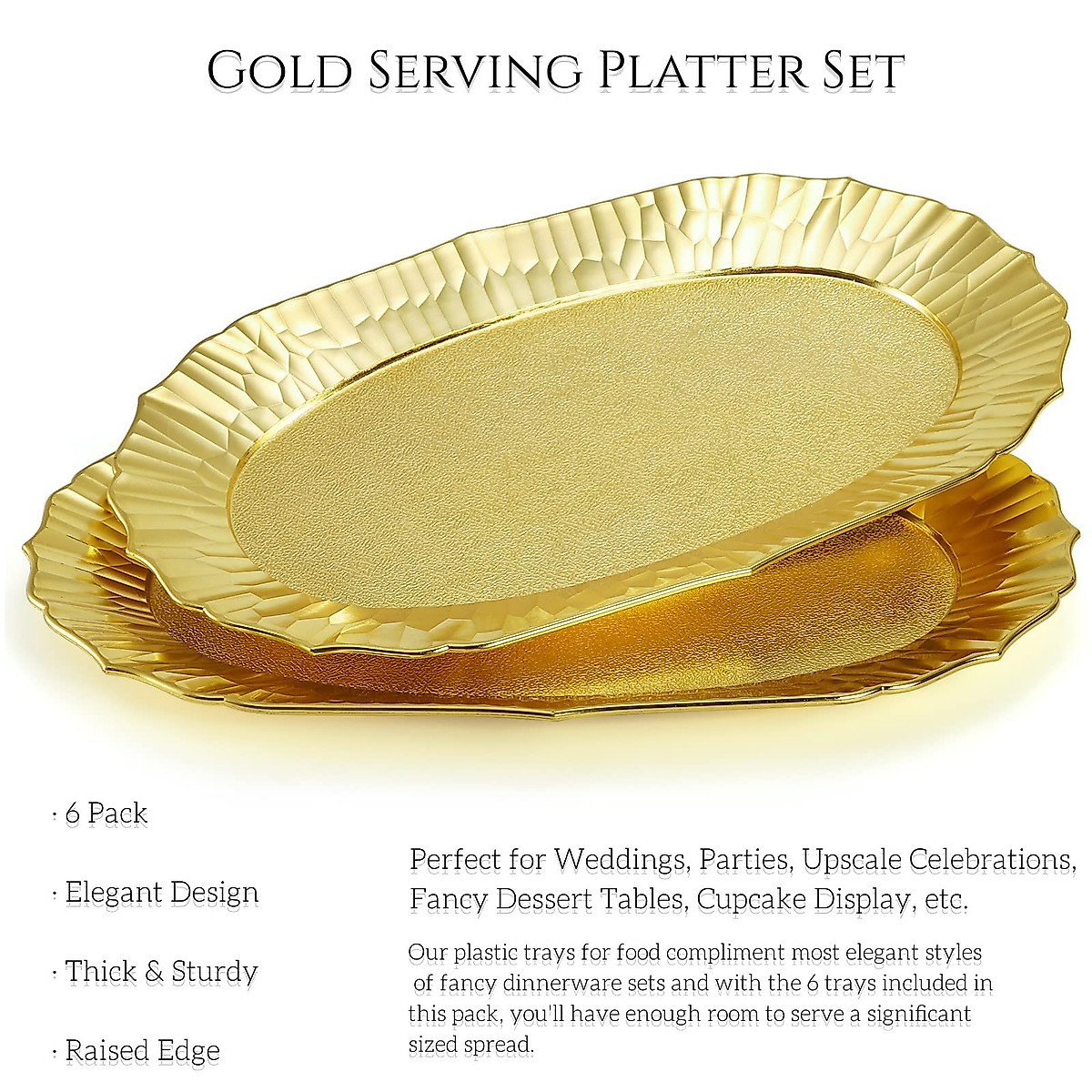 AVLA 6 Pack Plastic Serving Tray, Gold Serving Platter Set, Reusable Party Snack Serving Tray, Decorative Food Appetizer Platters for Dessert Table, Cupcake, Charcuterie, Cookies, 14" x 8.5"
