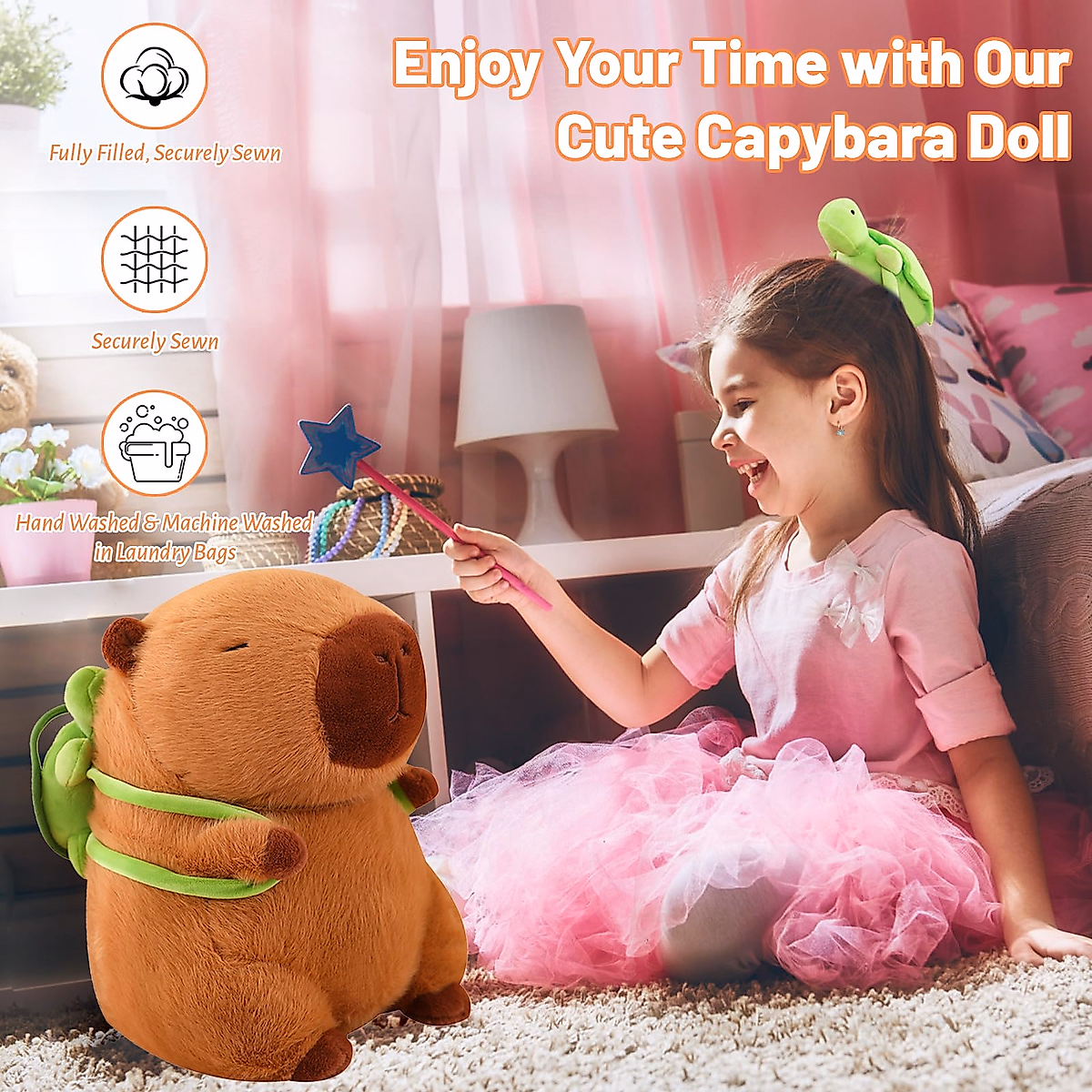 Emoin Capybara Plush Toys Kawaii Capybara Plushies with Turtle Backpack Soft Brown Capybara Stuffed Animals Capybara Gifts Doll Pillow for Baby Boys Girls Toys - 9Inch