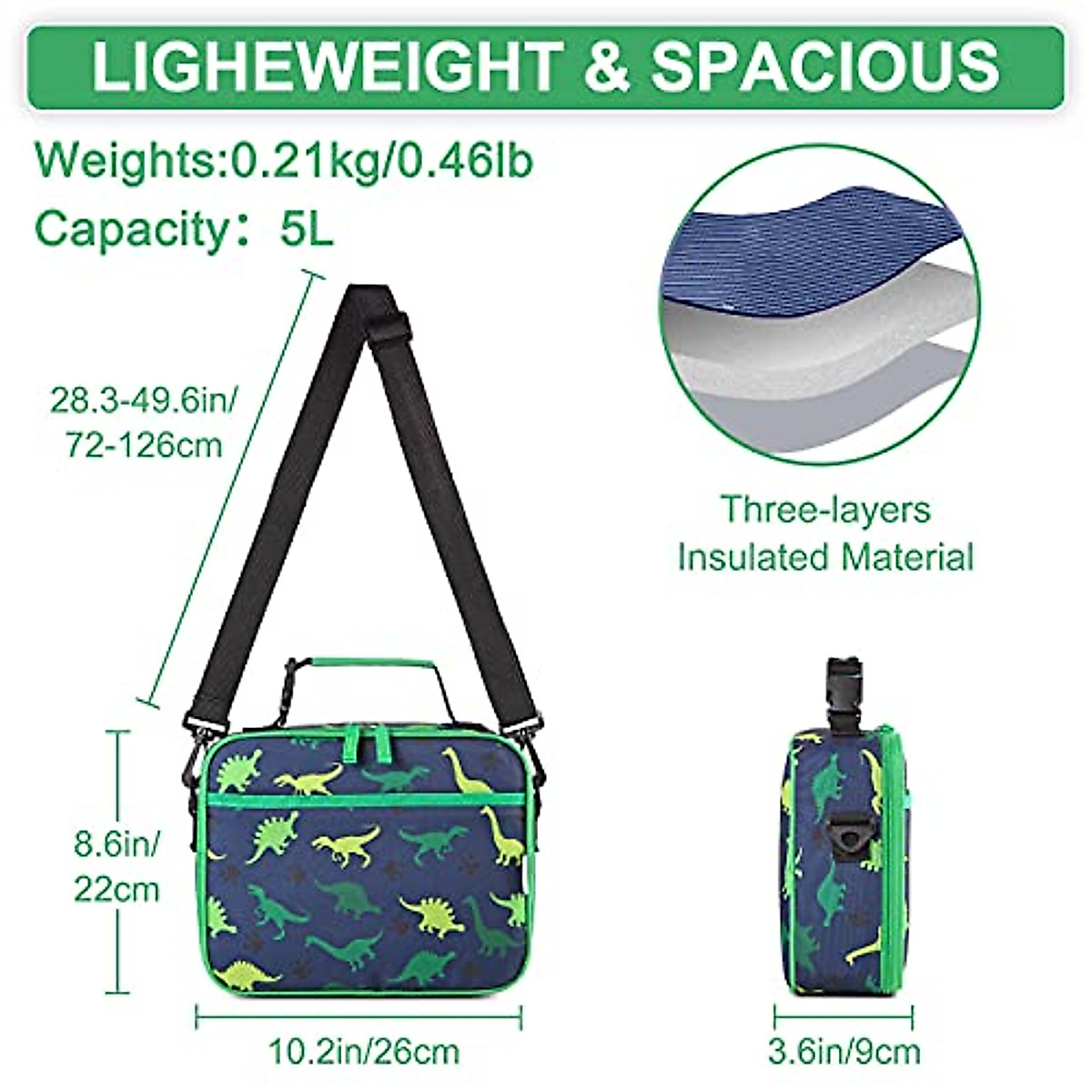 VASCHY Lunch Box Bag for Kids, Reusable Insulated Lunch Box Containers Coolers for Toddler Boys and Girls with Detachable Shoulder Strap for Daycare School Dinosaurs