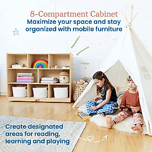 ECR4Kids 8-Compartment Mobile Storage Cabinet, 36in, Classroom Furniture, Natural