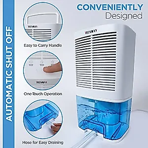 TECSAVVY Advanced Dehumidifier with 2000ml(68oz) with Exhaust Hose, Portable Dehumidifier for Basement that Covers 350 Sq.Ft, 3100 CuFt. for Home Bedroom Bathroom RV Garage Closet with Ultra Quiet and Auto-Shutoff.