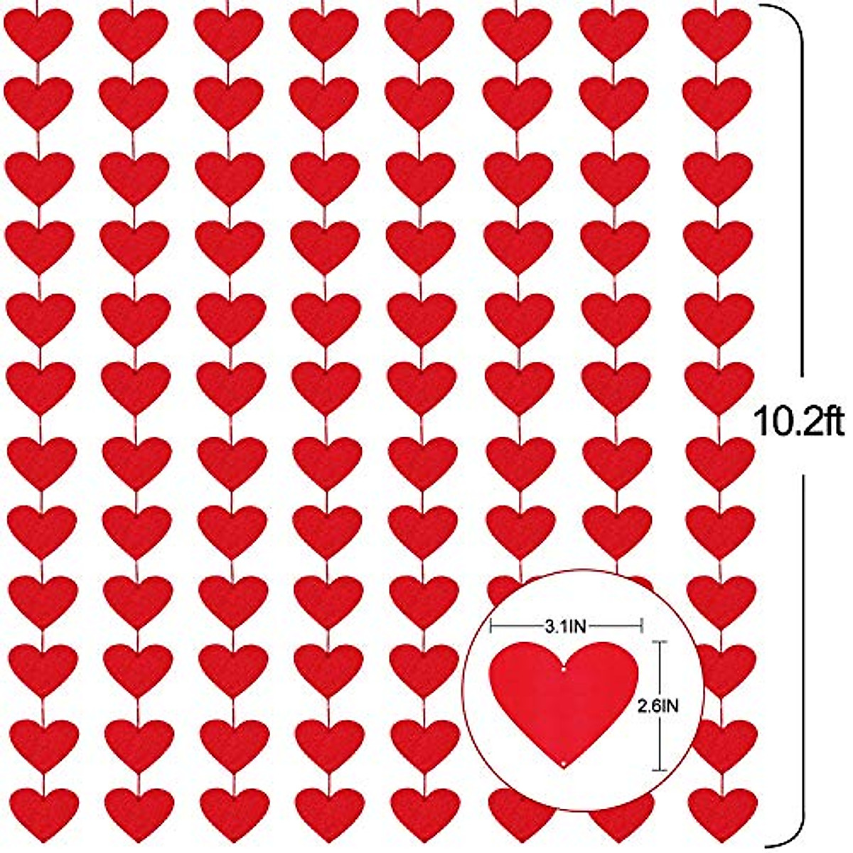 144 Red Hearts Felt Garland - NO DIY - Valentines Day Red Heart Hanging String Garland - Valentines Day Decor - Valentine Decorations - Valentines Wedding Anniversary Birthday Party Supplies