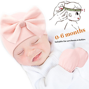 Newborn Hospital Hats Gloves Baby Infant Bow Beanie Cotton Caps No Scratch Hat Mittens Set for 0-6 Months