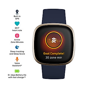 Fitbit Versa 3 Health & Fitness Smartwatch with GPS, 24/7 Heart Rate, Alexa Built-in, 6+ Days Battery, Midnight Blue/Gold, One Size (S & L Bands Included) (Renewed)