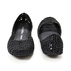 mini melissa Campana Papel Flats for Kids - Comfortable & Cute Closed-Toe Jelly Flat Shoes with Interwoven Cut-Out Design for Girls, Black Glitter, 13