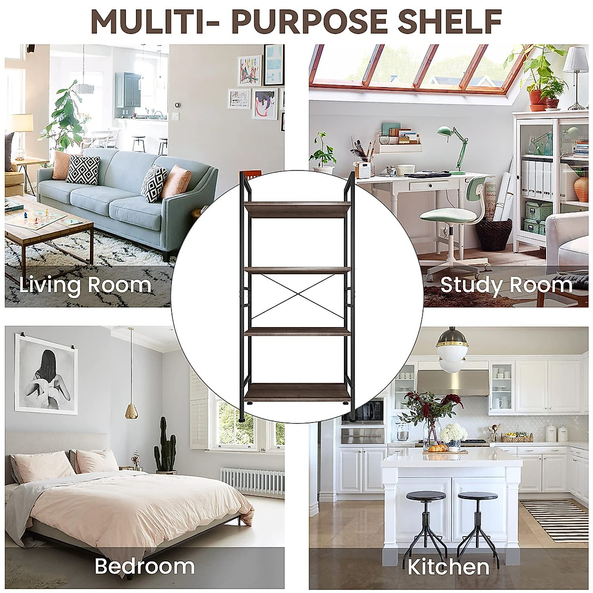 DKLGG 4-Tier Storage Shelves, Bookshelf, Wood Bookcase with Metal Frames and Standing Shelving Unit, Industrial Design Open Standing Organizer for Living Room, Bathroom, Balcony, Office, Rustic Brown