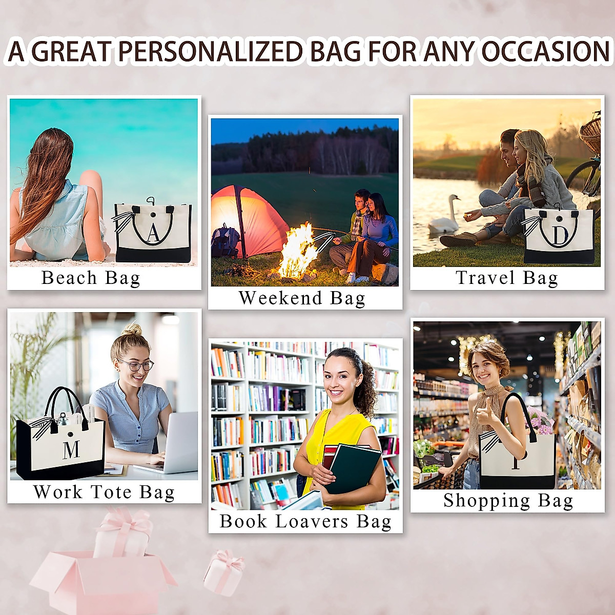 BeeGreen Birthday Gifts for Women 13oz Canvas Tote Bag For Women Who Have Everything Embroidery Unique Gifts For Teacher Gifts For Mom Monogram Beach Tote for Friends Sister Her Girls M