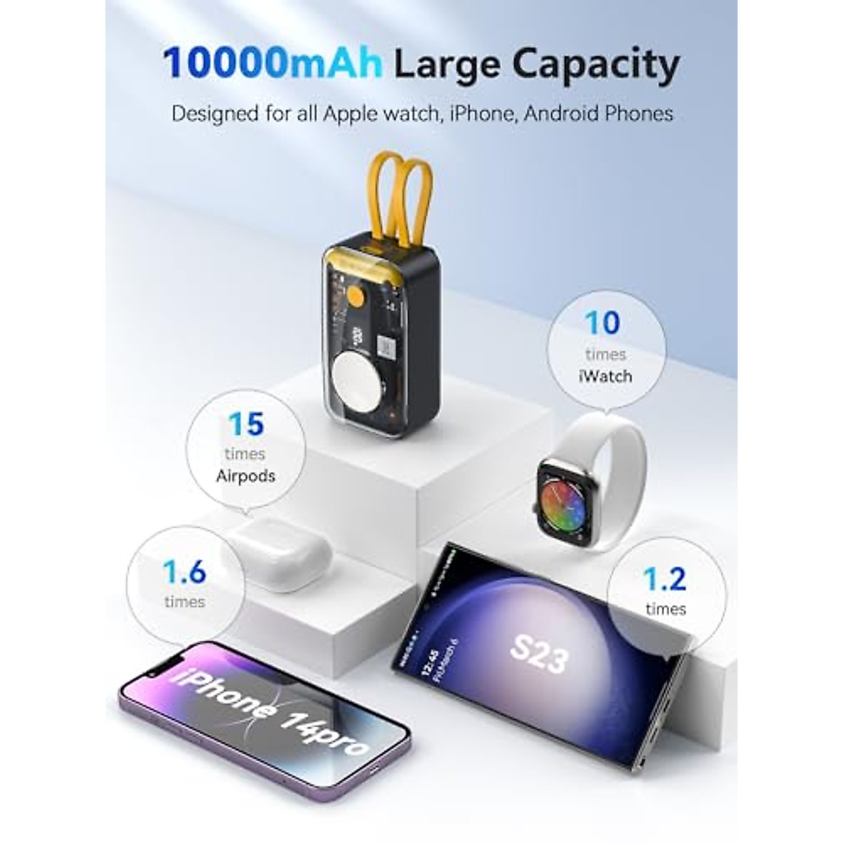 NEWDERY for Apple Watch Charger, 10000mAh Portable Charger Power Bank Built-in Cables, USB C Fast Charging External Battery Pack with LED Display for iPhone15/14/13/12/iWatch/Airpods/Galaxy Phones