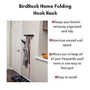BIRDROCK HOME Folding Hook Coat and Hat Rack - 5 Hooks - 18 Inches - Wall Mount - Decorative Home Storage - Entryway Foyer Hallway Bathroom Bedroom Rail - Satin Nickel Hooks - Black Rail