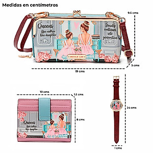 Nicole Lee 3 Pieces Accessories Gift Value Set (Wallet Crossbody, Small Card Case, Diamond Fashion Watch) (Double Queens)