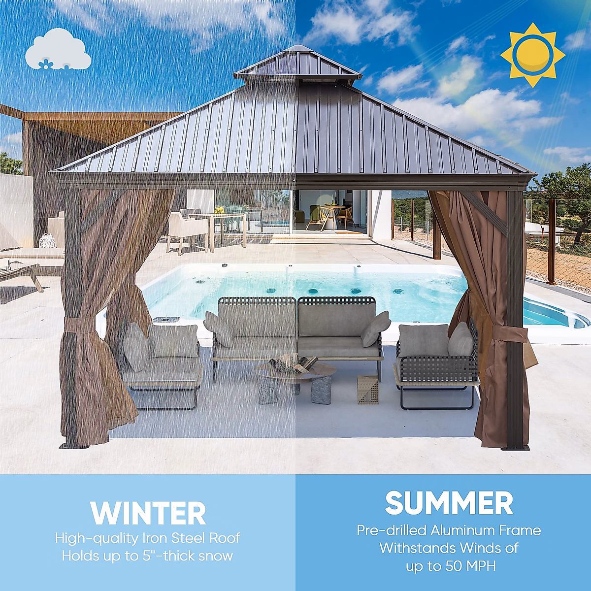 Hardtop Gazebo, Outdoor Aluminum Wood Grain Gazebos with Steel Double Canopy Patic Gazebo, with Netting and Shaded Curtains Permanent Metal Frame Gazebos for Patio, Backyard, Deck, Lawns (12 x 12 FT)