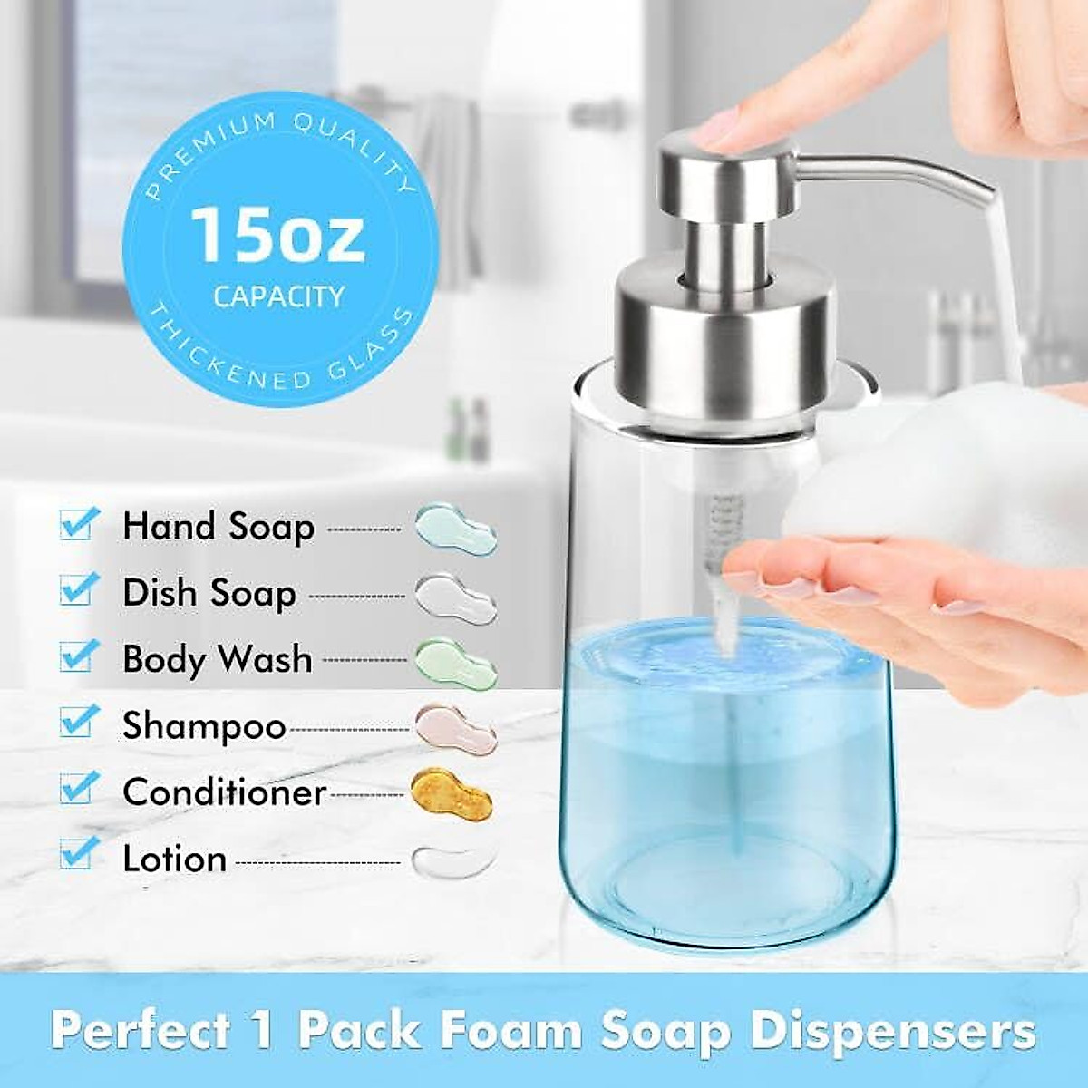 GLUBEE Foaming Soap Dispenser, 15 Oz Glass Hand Soap Dispenser with Rust Proof Stainless Steel Pump, Refillable Clear Foam Soap Dispenser Bottle with Wide Opening for Bathroom Decor & Kitchen