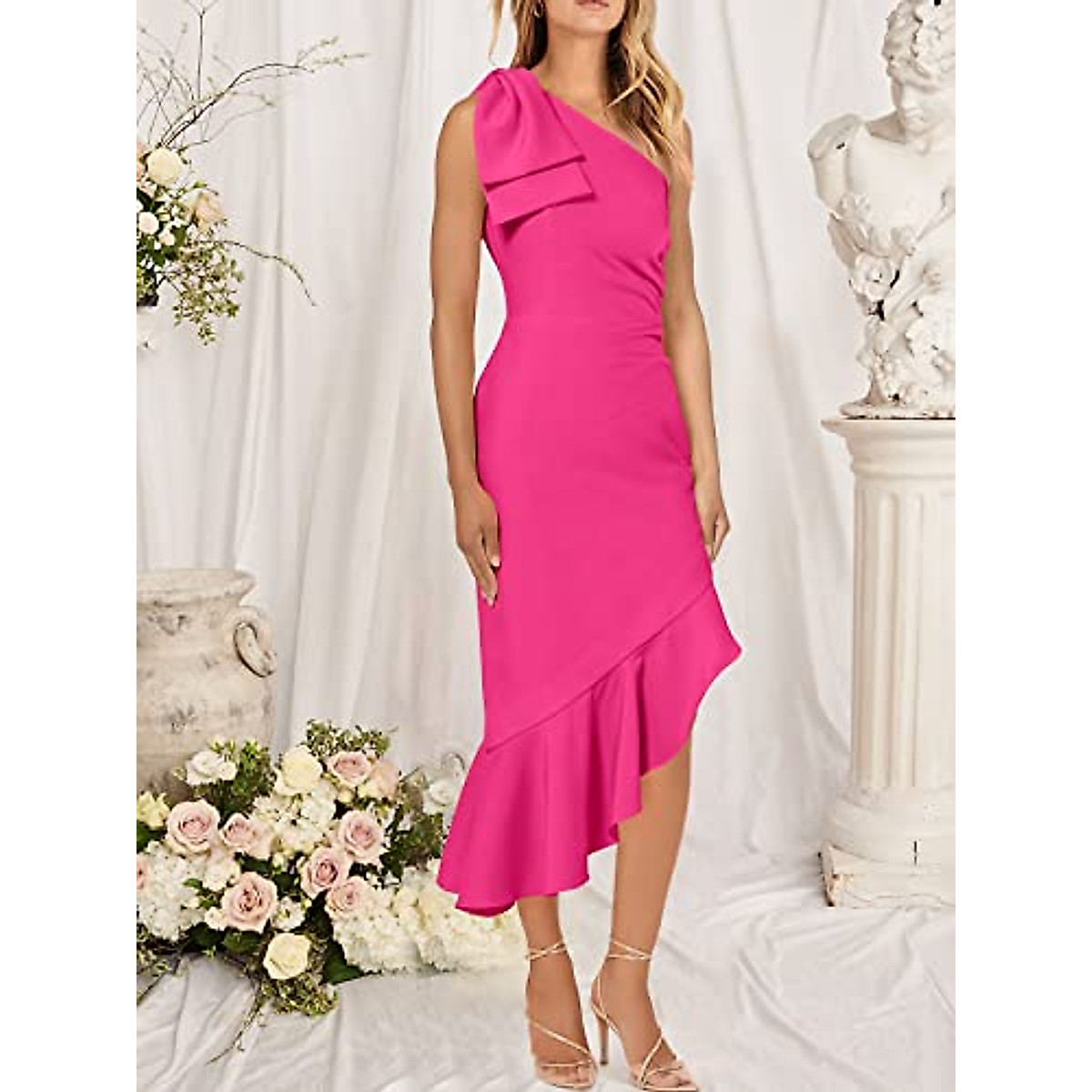 ANRABESS Women's Summer One Shoulder Formal Graduation Prom Midi Dresses Sleeveless Bodycon Mermaid Ruffle Cocktail Wedding Guest Dress 838meihong-L Rose