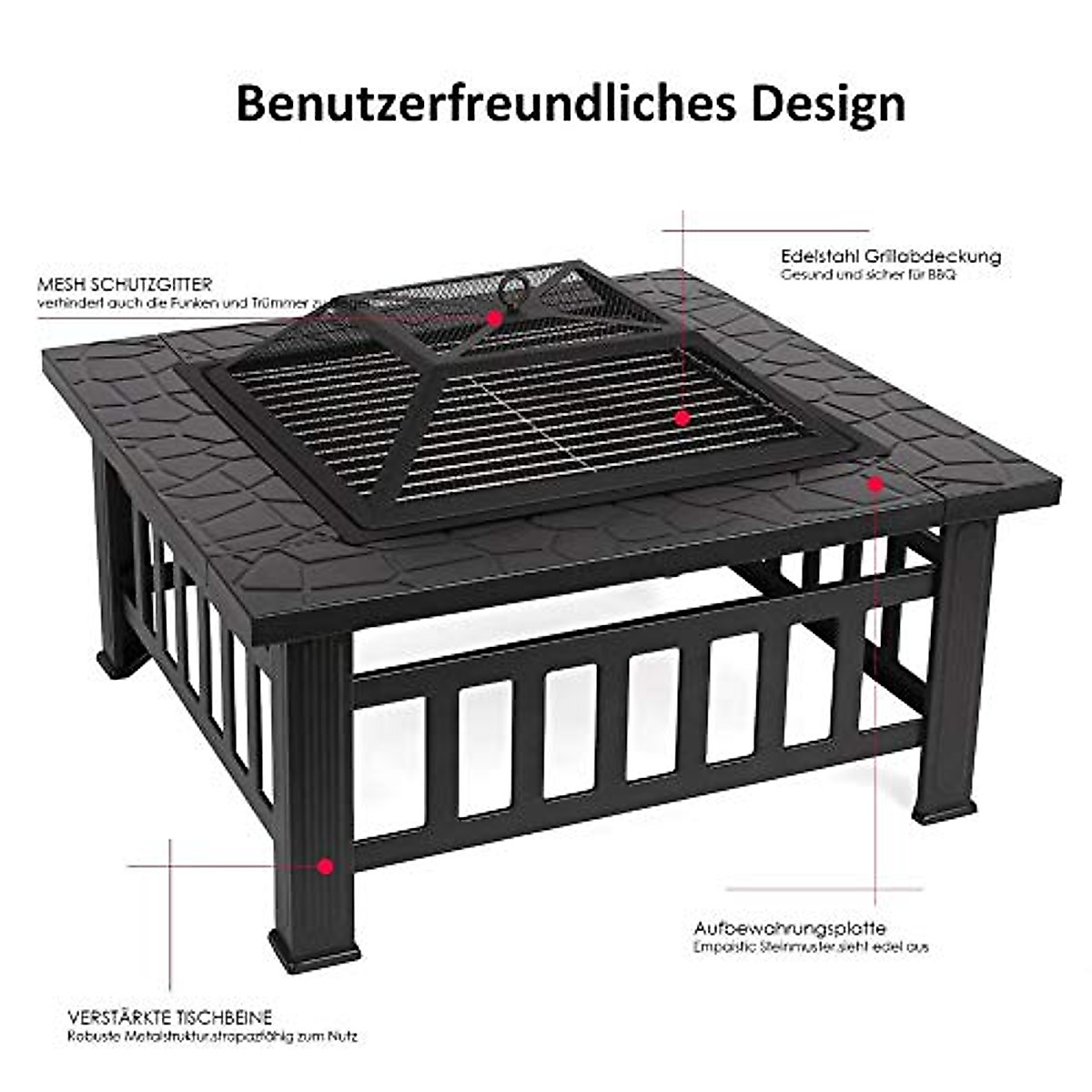 Mcombo 32" Metal Fire Pit Square Table Backyard Patio Terrace Fire Bowl Heater/BBQ/Ice Pit with Charcoal Rack Waterproof Cover 0039, Black