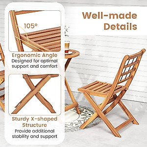 HAPPYGRILL 3 Pieces Acacia Wood Patio Bistro Set, Folding Outdoor Table and Chairs Set with Cushions, Outdoor Patio Furniture Set for Porch, Balcony, Deck, Garden, Backyard