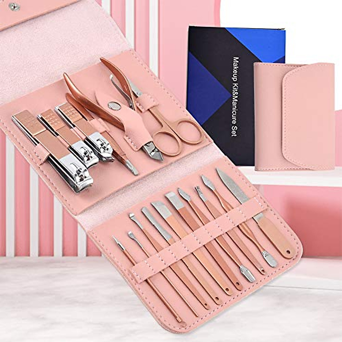 Sidantu 16 in 1 Nail Kit Pink Nail Clipper Set Stainless Steel Manicure Set Professional Makeup Kit for Women, with Soft and Premium Quality Leather Case Upgraded Version