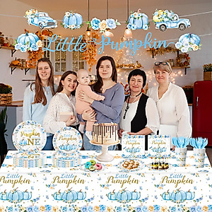 Little Pumpkin First Birthday Decorations - Little Pumpkin is Turning One Decorations Set Includes Plates, Napkins, Cups, Forks, Tablecloth, Banner fo Boy Pumpkin Birthday Decorations, Serves 24