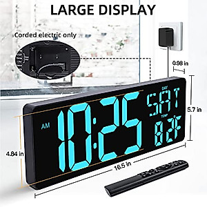 TXL Digital Wall Clock Large Display, 16.5" LED Wall Clock with Date and Temperature,Count Up/Down Timer Clock with Remote Control, Adjustable Brightness Alarm Clock for Home, Office, Gym, Elderly